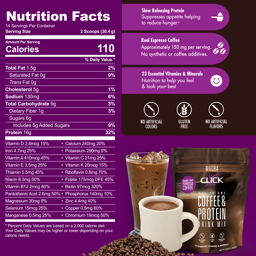 CLICK® Coffee Protein Powder Meal Replacement, Mocha Flavor